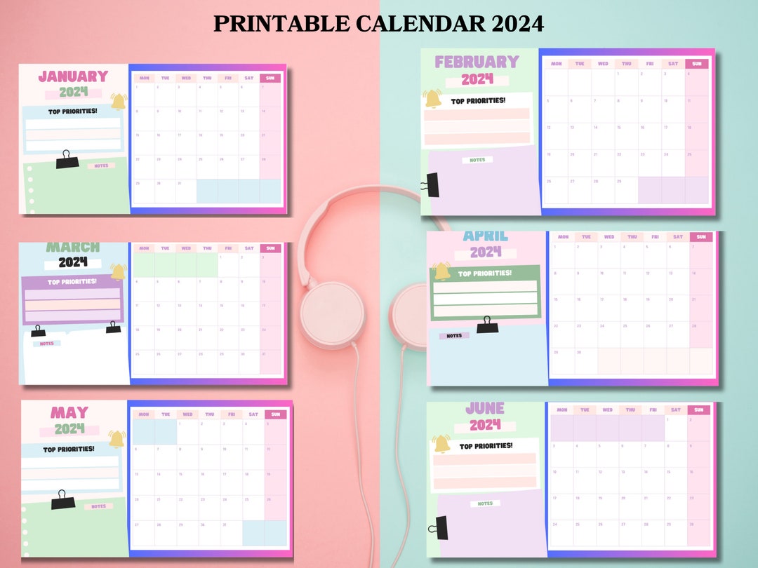 2024 Printable Calendar Pastel Cute Girly Calendar - Etsy