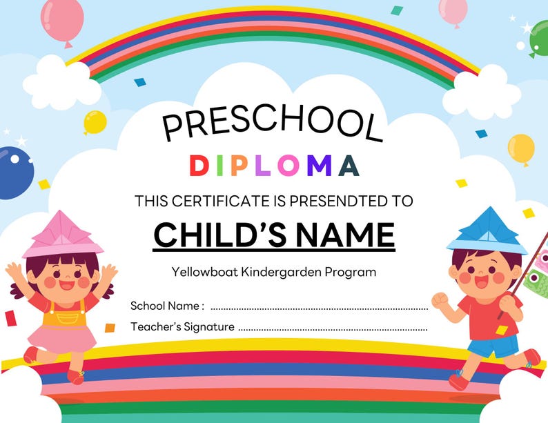 Colorful Preschool Diploma Certificates - Editable Graduation Template ...