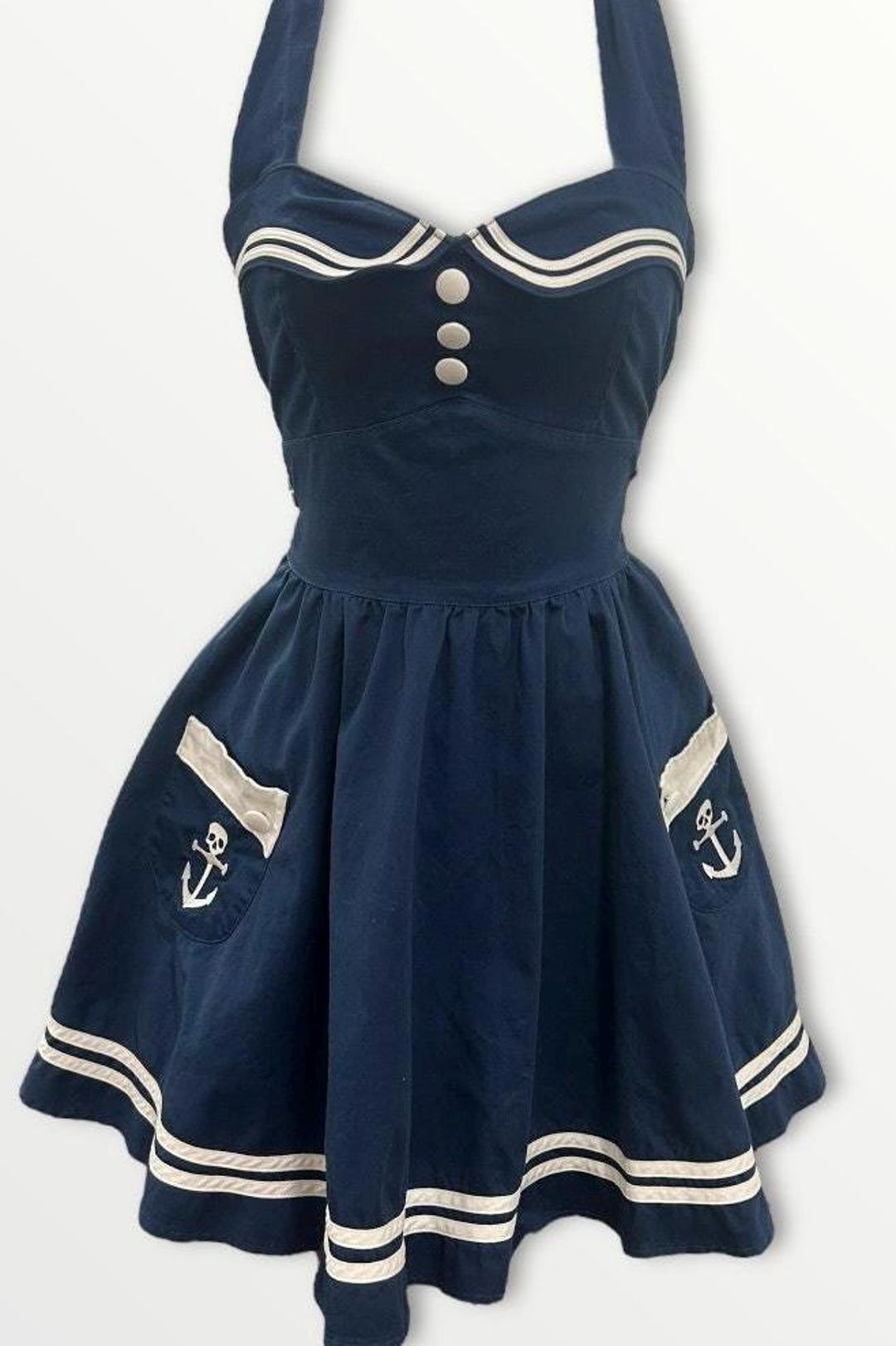 Hell Bunny Vixen Navy Blue Sailor Pin-up Style Halter Dress Rockabilly ...