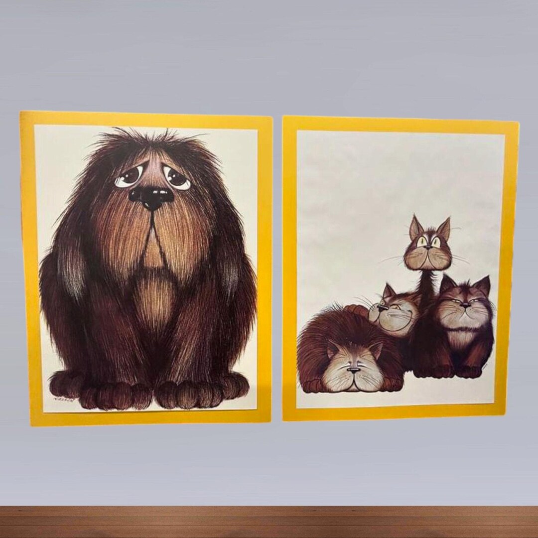 1970s Larry Nielson Art Prints Dog and Cats Drawings Matted- Super Cute ...