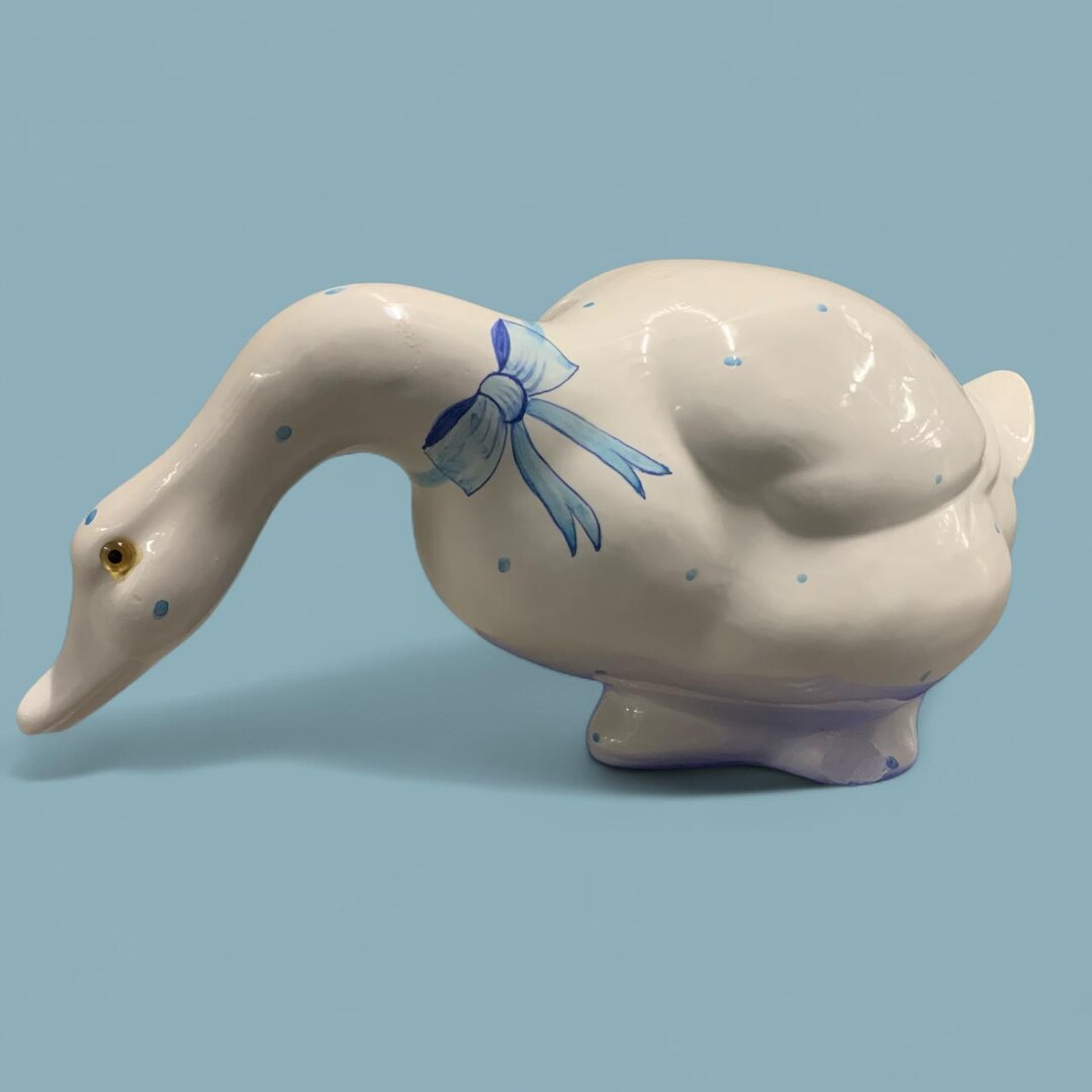Vintage Rare Ceramic Goose Figure-large-portugal-glass Eyes-blue Polka ...