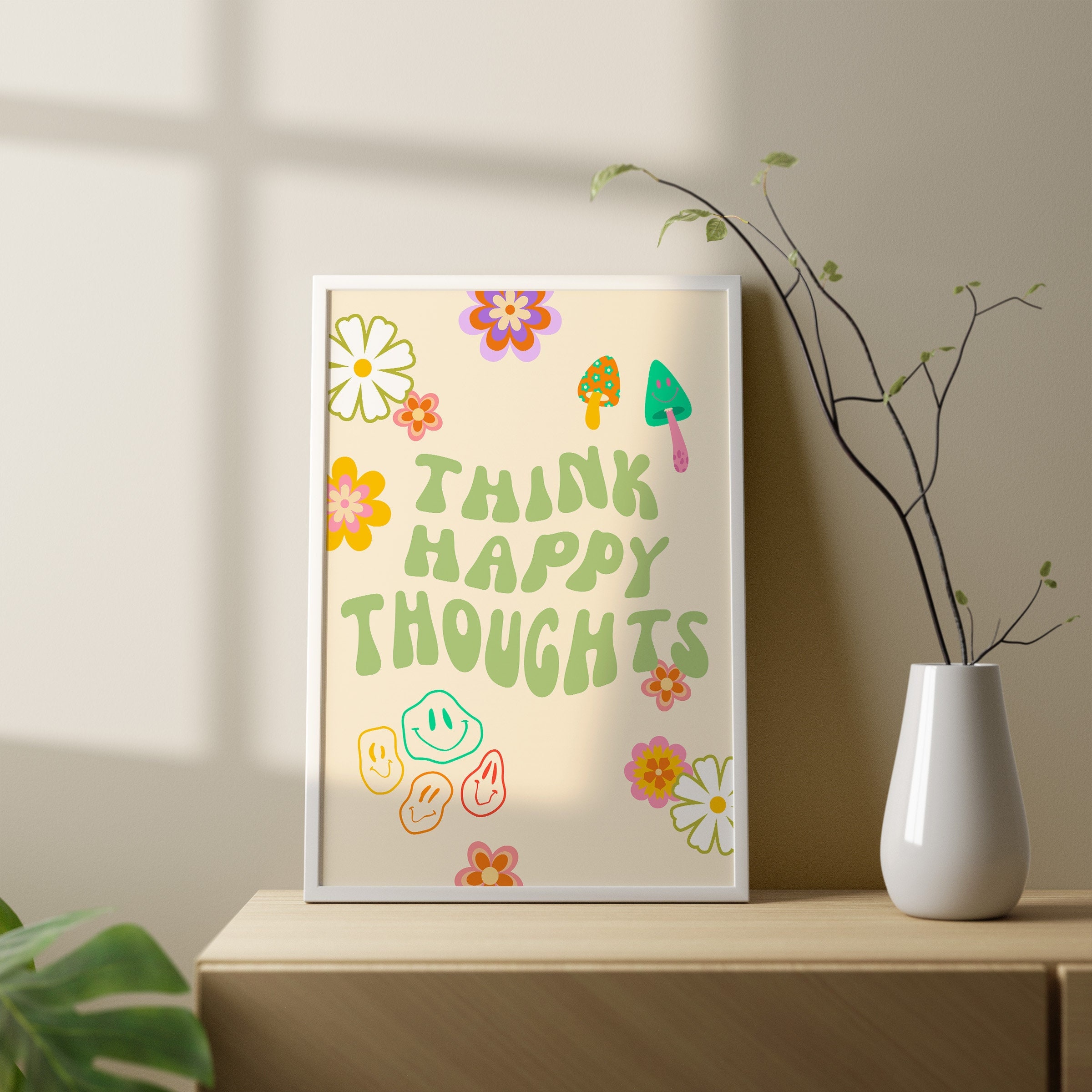 Think Happy Thoughts, Retro Print, Trendy Wall Art, Dorm Room Decor ...