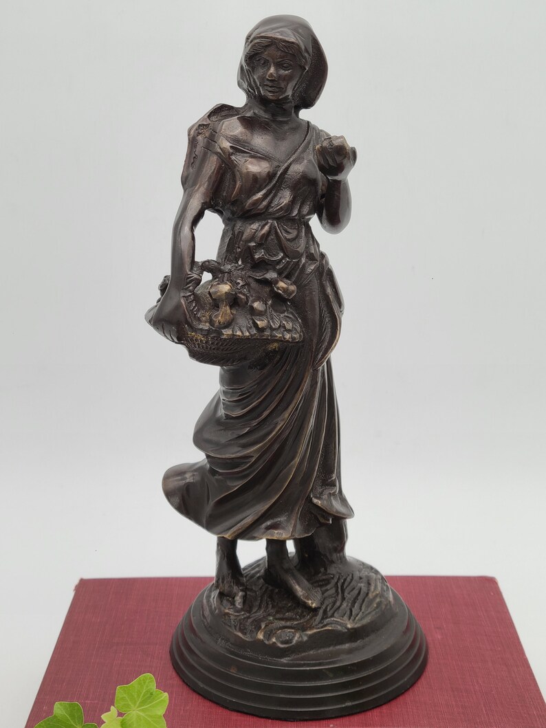 Vintage Bronze Statue Maiden With Basket of Apples - Etsy