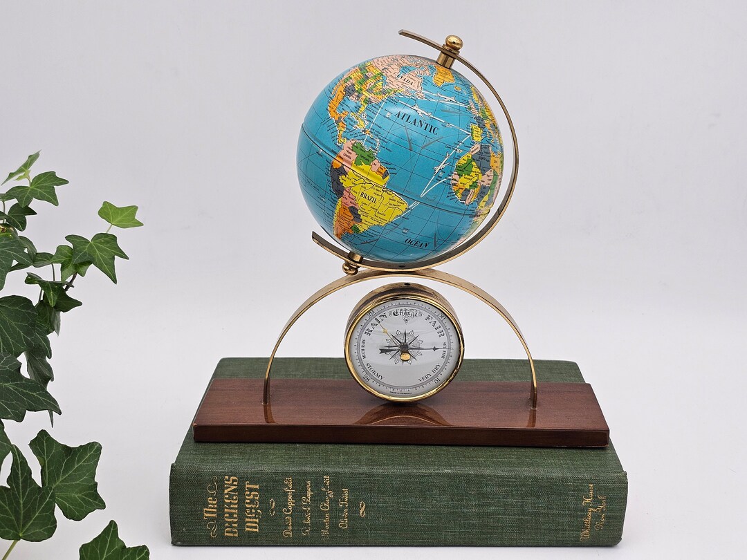 Vintage 1960s MCM Brass and Wood Ship's Barometer With Globe Made in ...