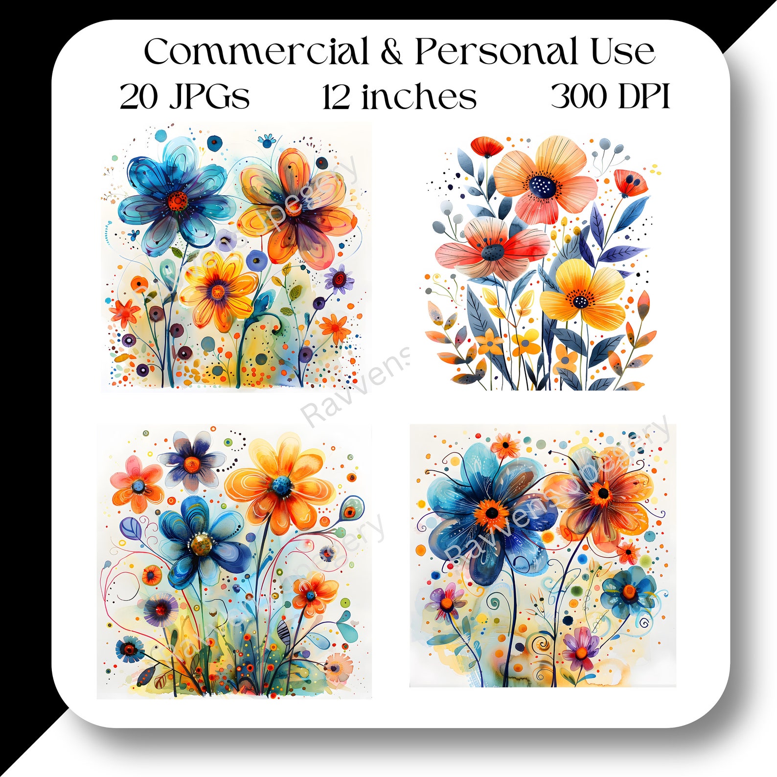 Whimsical Flower Fields JPG Clipart Wild Floral Watercolor Abstract ...