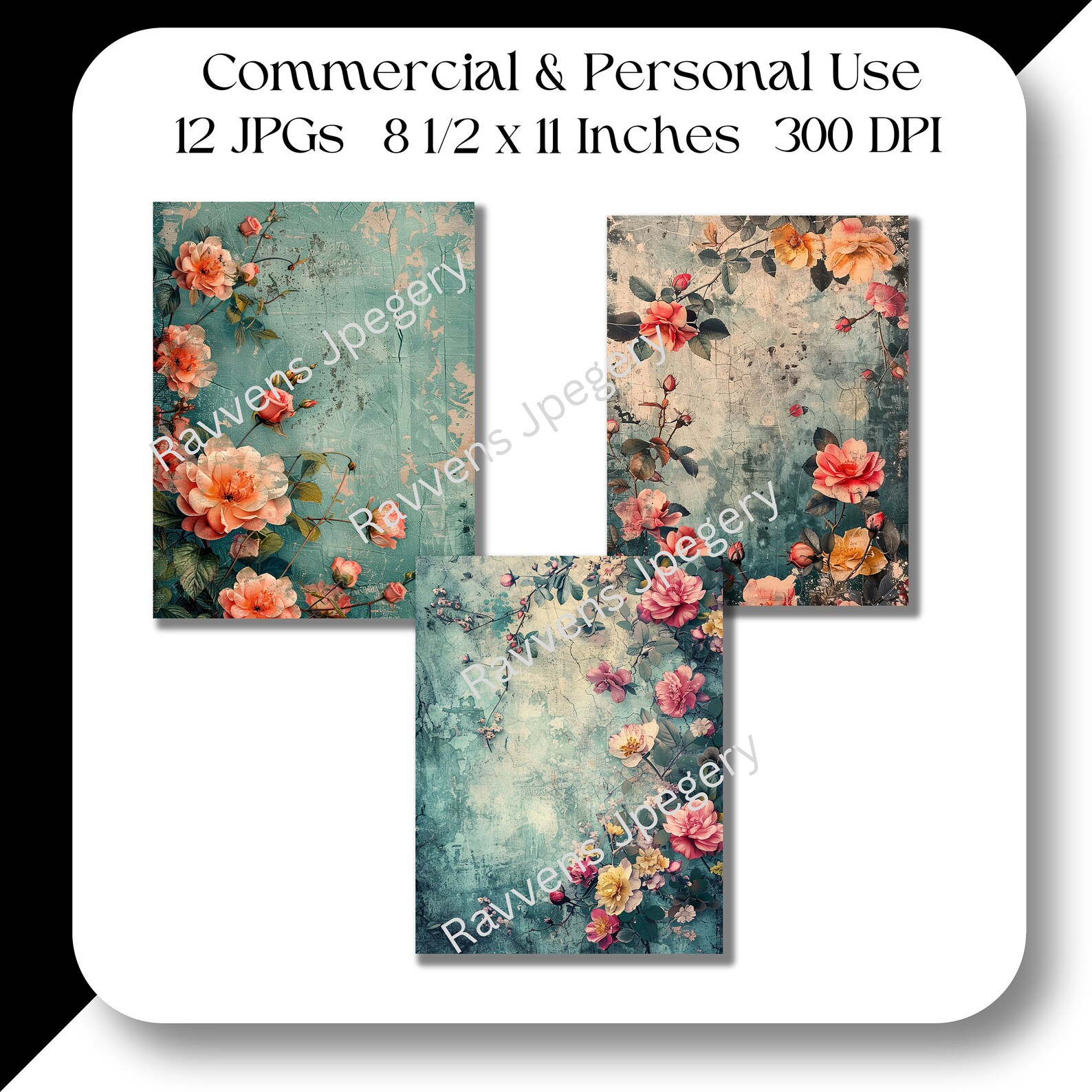 Set of 12 Soft Floral Digital Papers JPG Clipart, Junk Journal Clipart ...