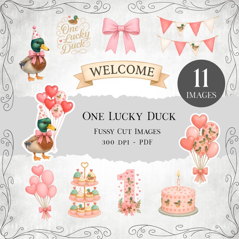 One Lucky Duck Fussy Cuts - Junk Journal Pink First Birthday Party ...