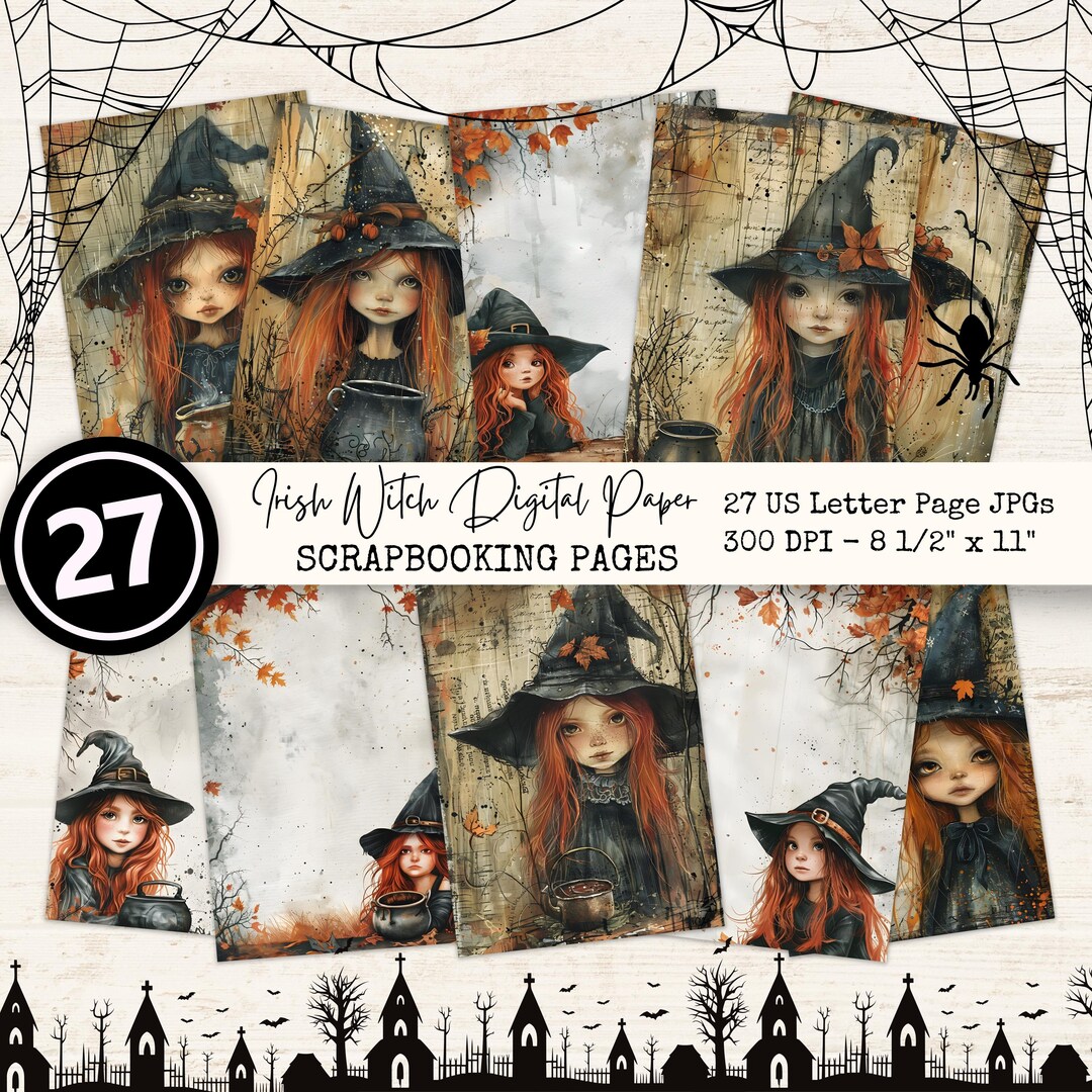 Quirky Irish Witch Digital Paper Whimsical Halloween US Letter 8 1/2 ...