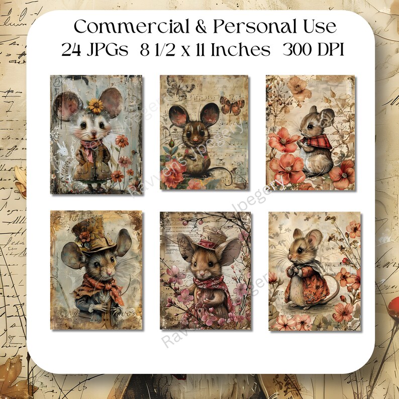 Cute Mouse Boho Digital Paper JPG Lady Mice in Clothes Clipart US ...
