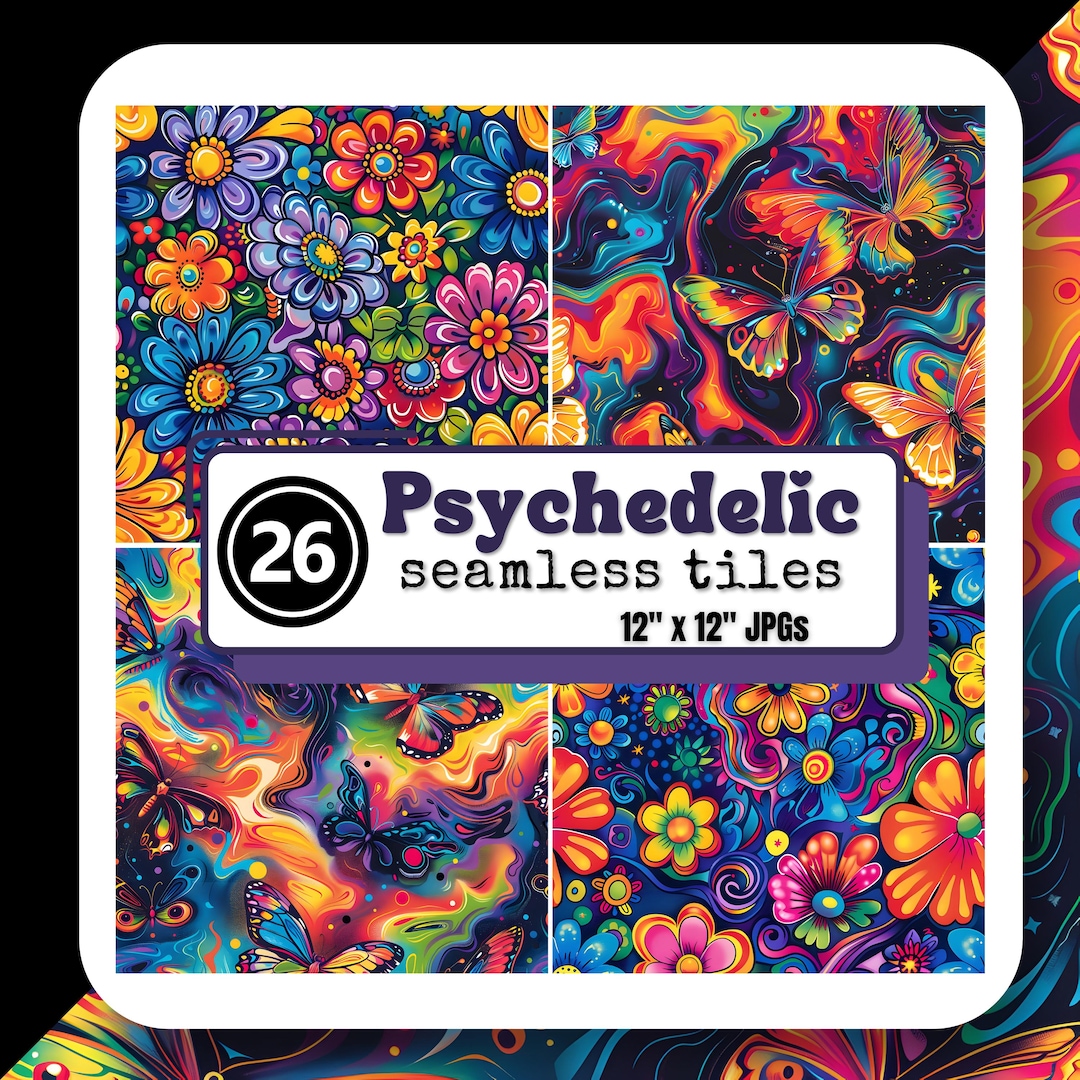 Psychedelic SEAMLESS TILES Hippy Flower Butterfly Colorful Scrapbooking ...