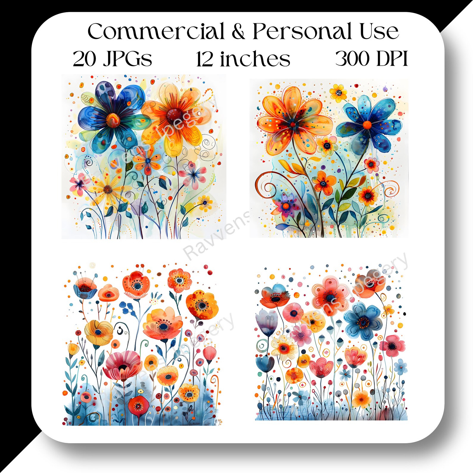 Whimsical Flower Fields JPG Clipart Wild Floral Watercolor Abstract ...