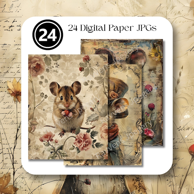 Cute Mouse Boho Digital Paper JPG Lady Mice in Clothes Clipart US ...