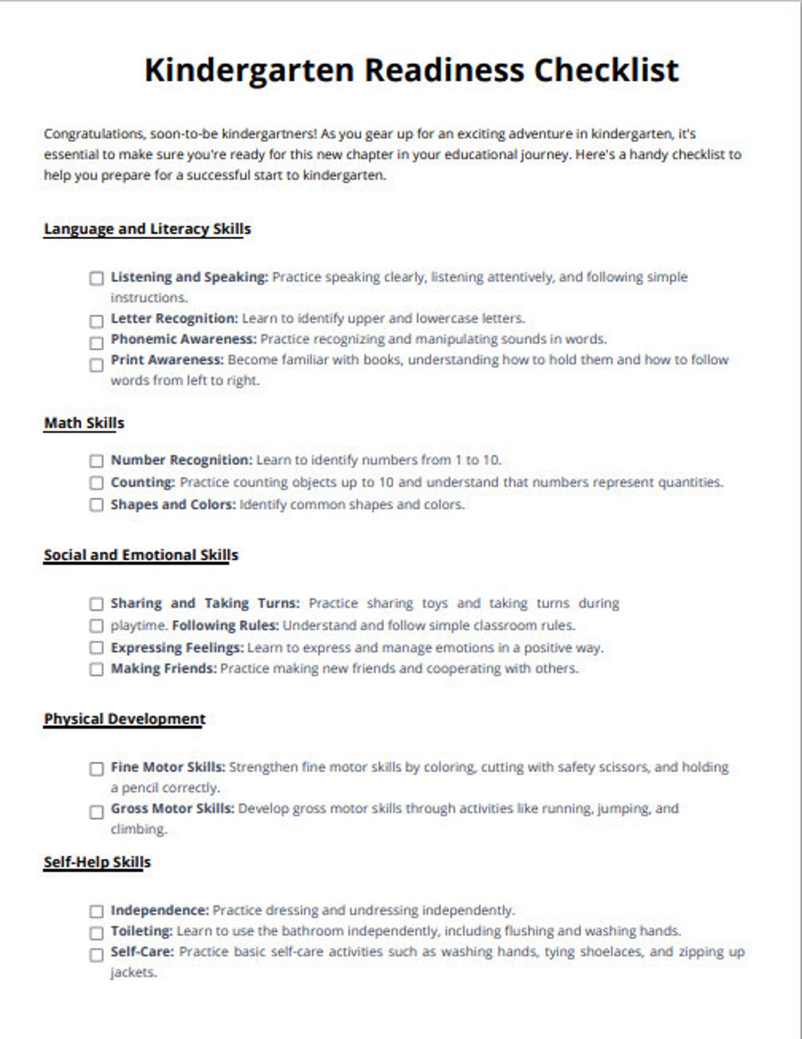 Kindergarten Readiness Checklist - Etsy