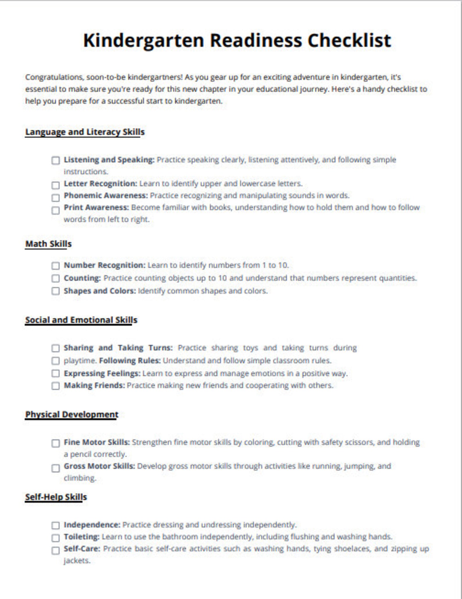 Kindergarten Readiness Checklist - Etsy