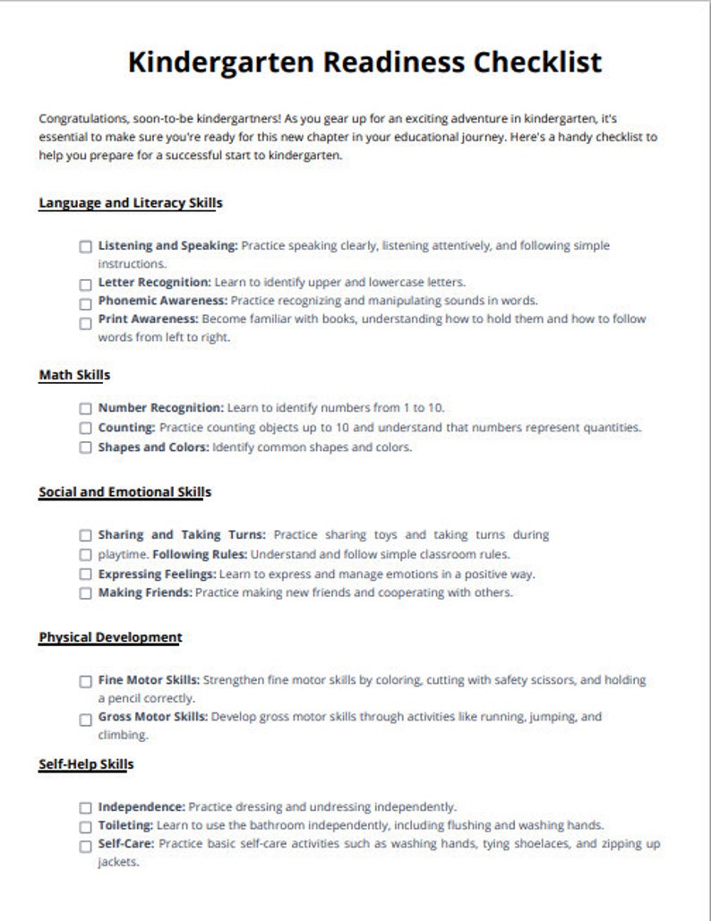 Kindergarten Readiness Checklist - Etsy