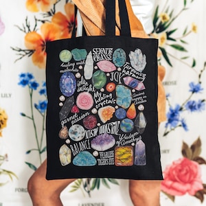 Crystals and Mineral Tote Bag Celestial Canvas Bag Witchcraft Gift Dark ...