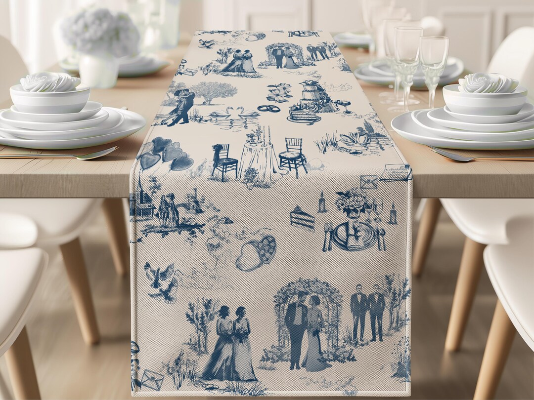 Blue Wedding Toile Table Runner Anniversary Decor Wedding Party Table ...