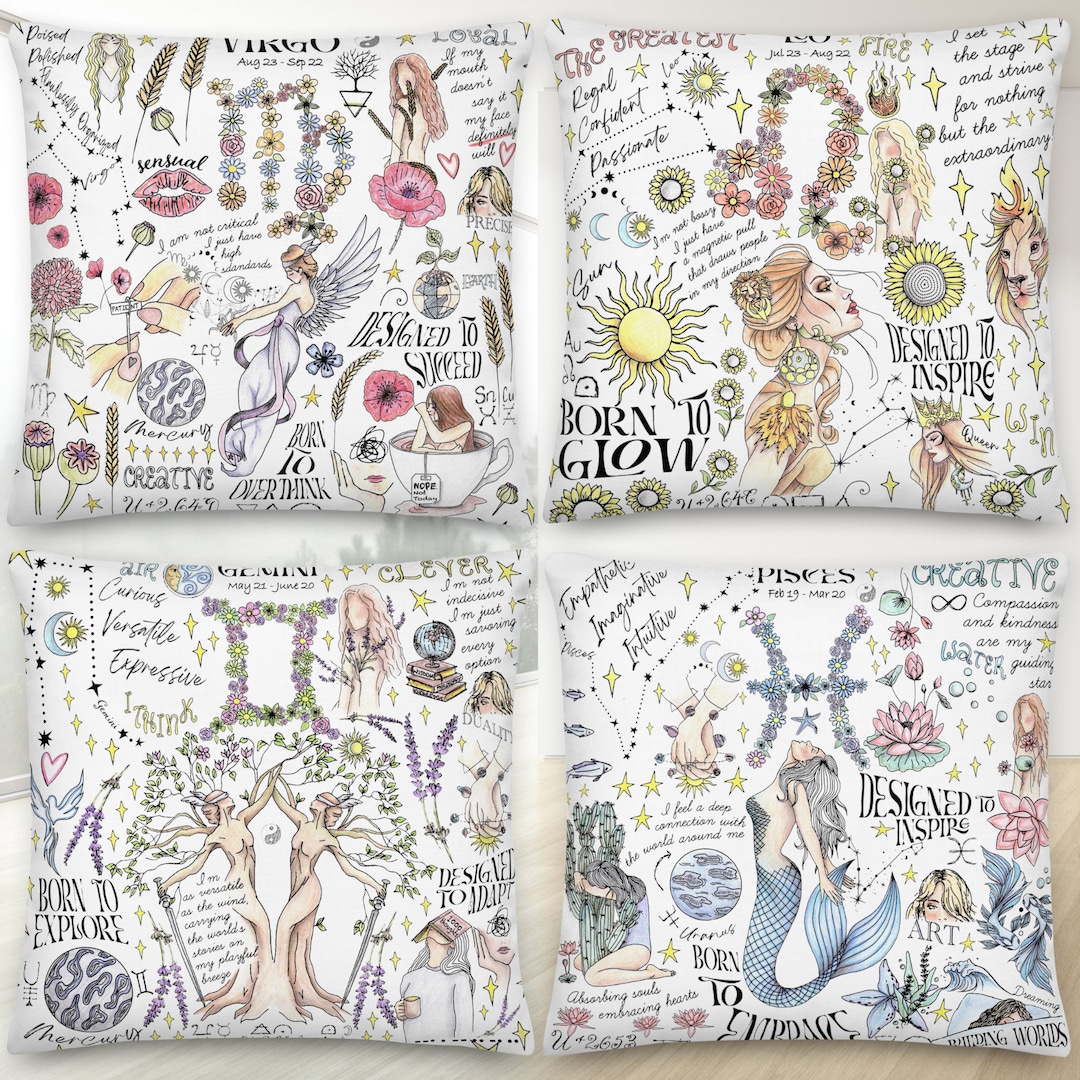 Zodiac Throw Pillow Astrology Cushion Whimsical Birth Flower Celestial ...