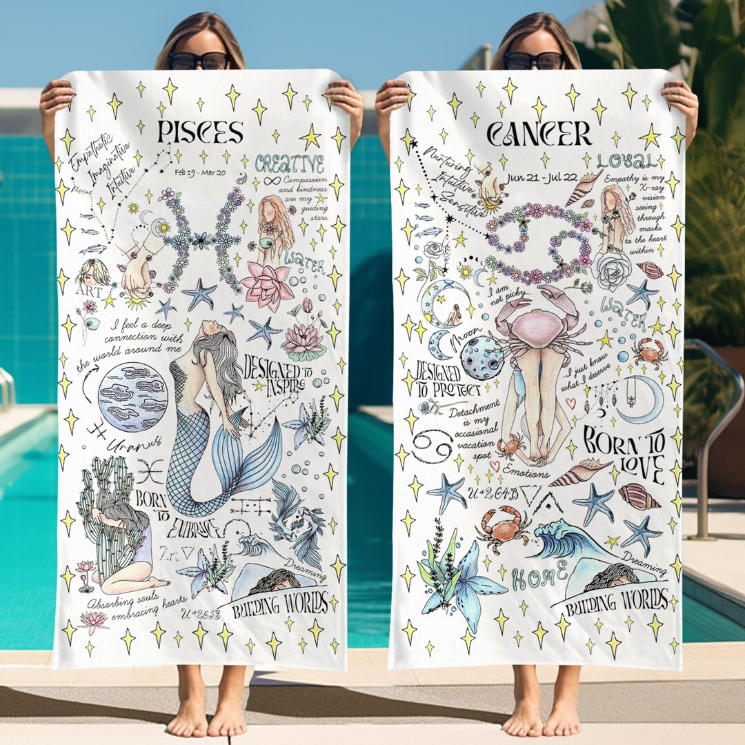 Zodiac Beach Towel Pisces Cancer Astrology Towel Personalized Bath ...