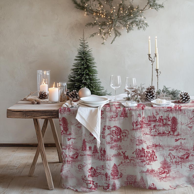 Red Christmas Toile Tablecloth Classic Santa Decor Xmas Day Table ...