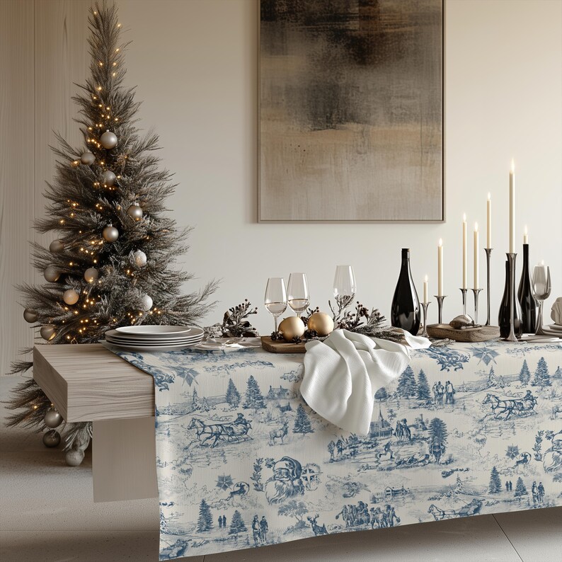 Christmas Toile Tablecloth Classic Santa Decor Xmas Day Table Winter ...