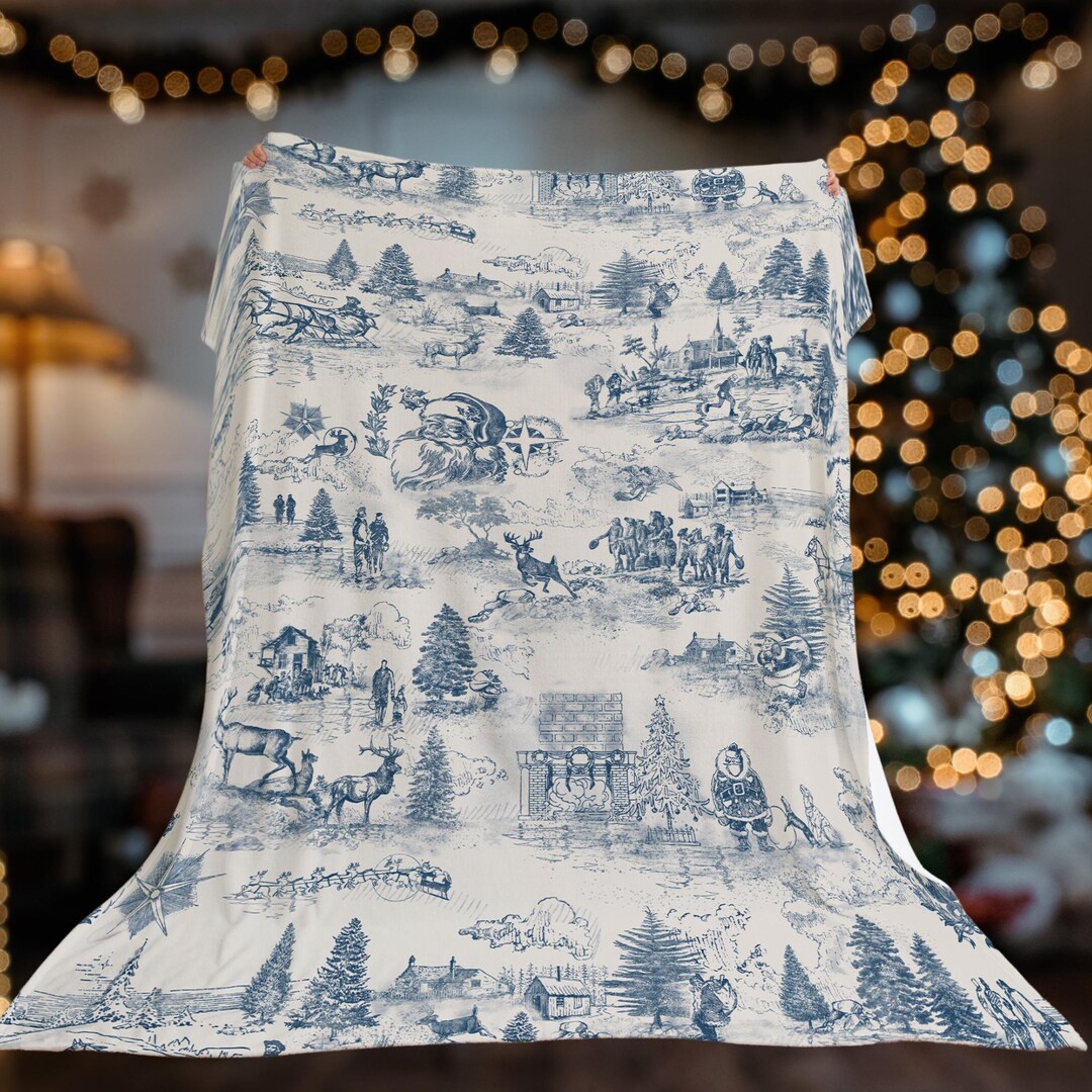 Blue Christmas Toile Blanket Classic Santa Throw Blanket Luxury ...