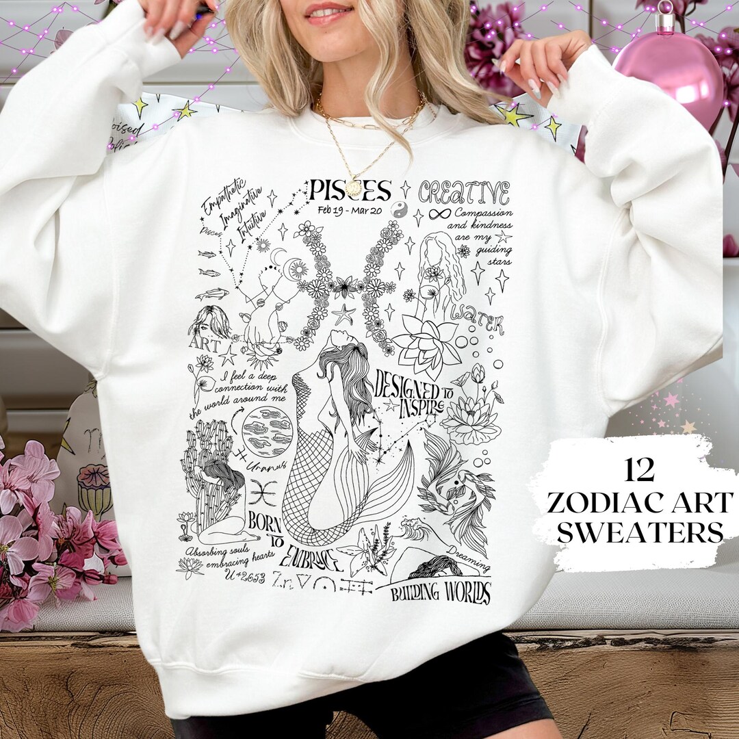 Zodiac Art Sweatshirt Pisces Sweater Astrology Jumper Whimsical Luxury ...