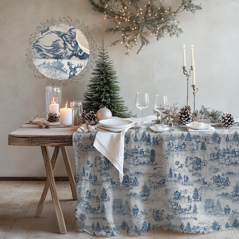 Christmas Toile Tablecloth Classic Santa Decor Xmas Day Table Winter ...