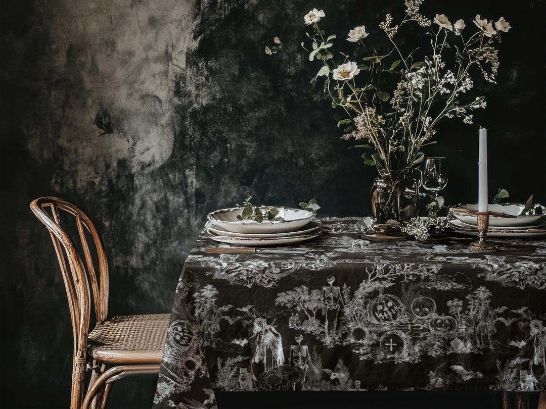 Black Gothic Tablecloth Skeleton Decor Goth Toile Witchy Table Runner ...