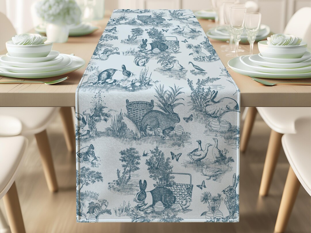 Blue Easter Toile Table Runner Easter Bunny Decor Easter Dinning Table ...