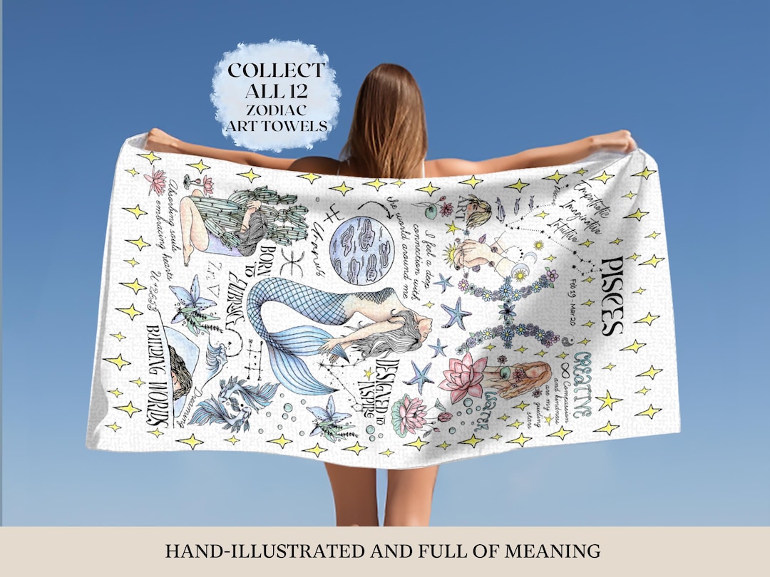 Zodiac Beach Towel Hand Illustrated Gemini Art Whimsical Summer Cloth ...