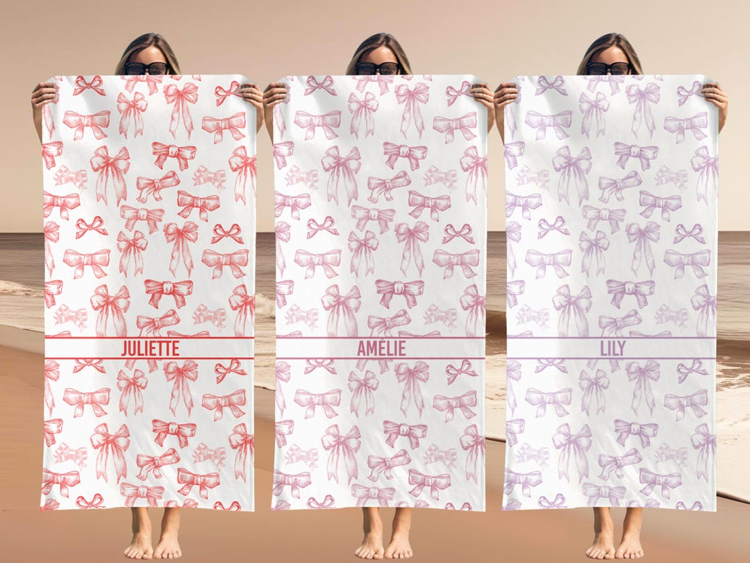 Pink Bow Towel Cute Summer Beach Towel Girly Custom Name Pool Towel ...