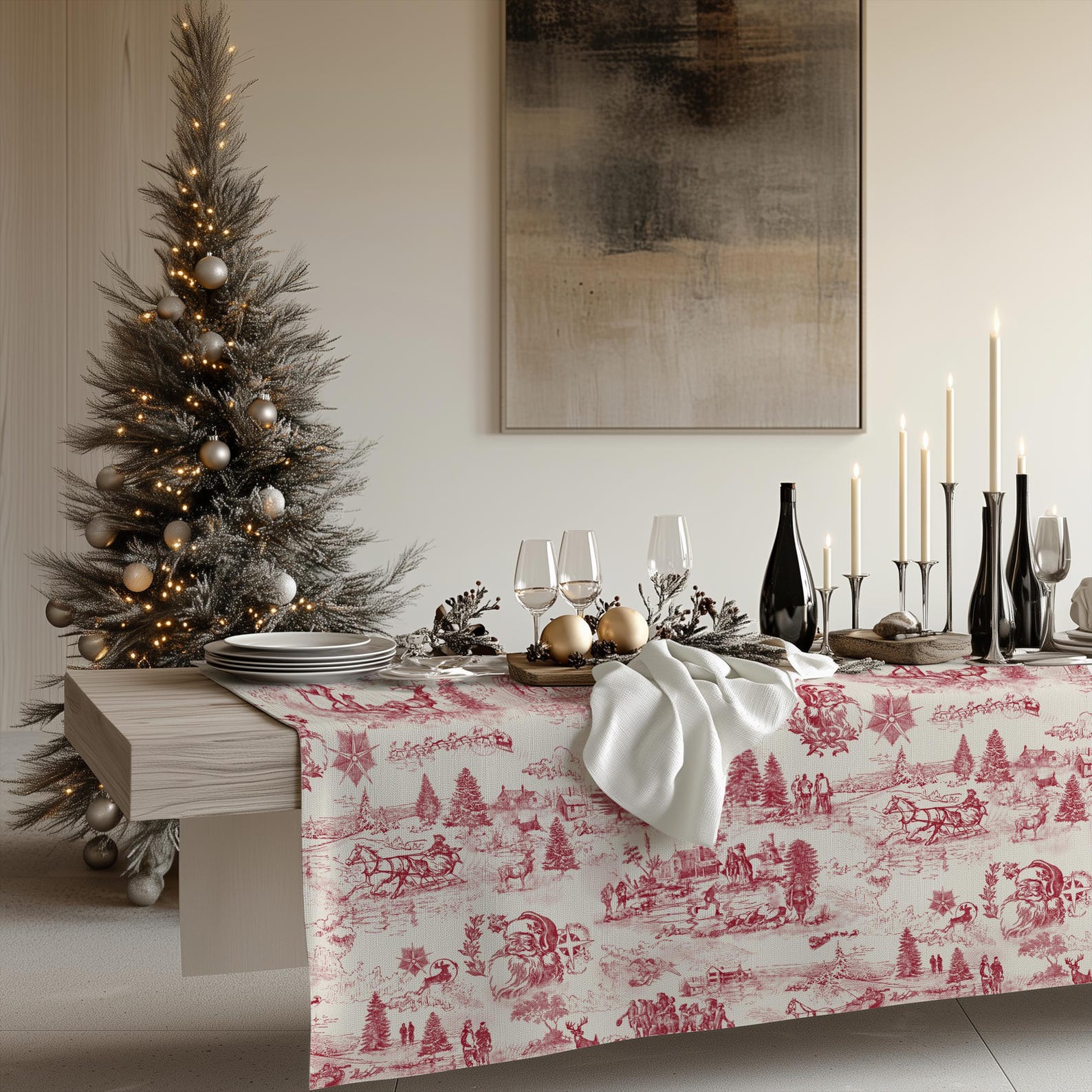 Red Christmas Toile Tablecloth Classic Santa Decor Xmas Day Table ...