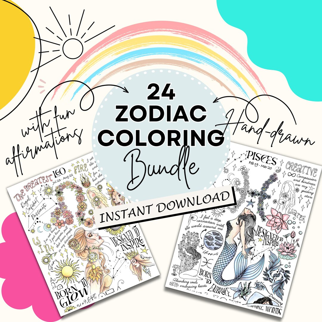 24 Zodiac Coloring Pages Bundle Printable Astrology Coloring Book ...