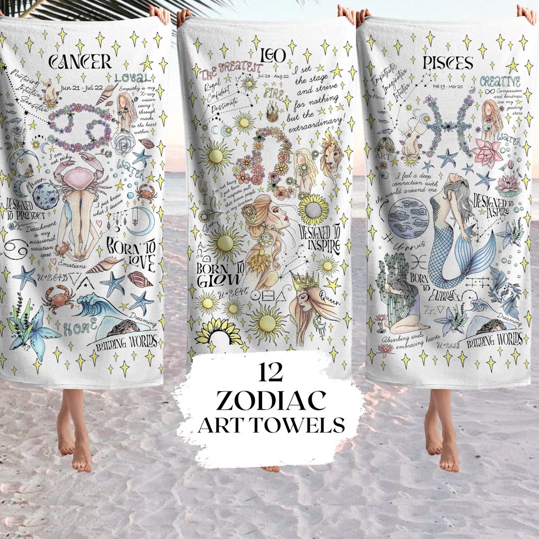 Zodiac Beach Towel Birth Flower Leo Pisces Cancer Zodiac Towel Mermaid ...