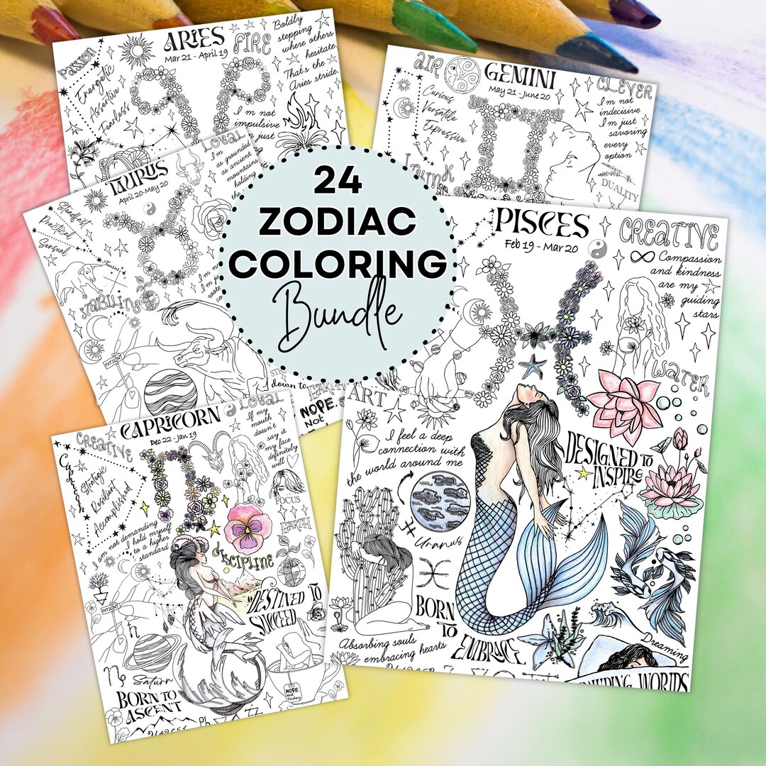 24 Zodiac Coloring Pages Printable Astrology Coloring Book DIY Birthday ...