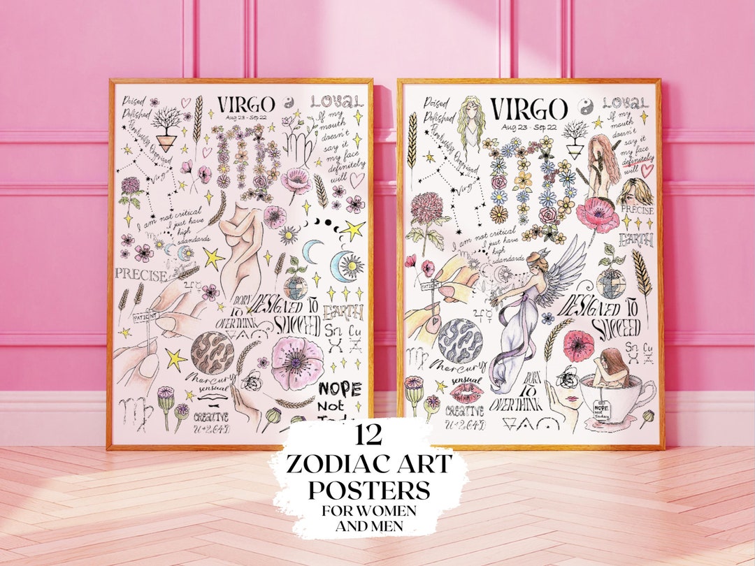 Zodiac Framed Poster Virgo Wall Art Astrology Couple Decor Whimsical ...