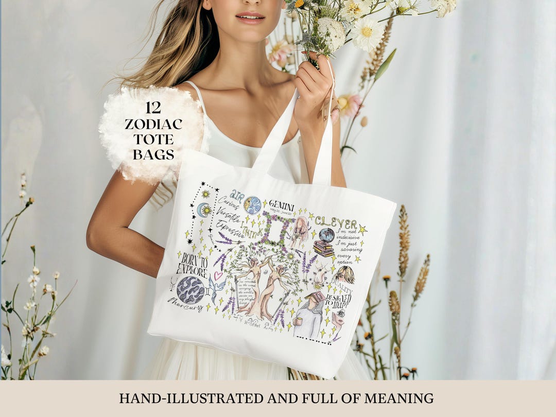 Zodiac Tote Bag Whimsical Art Weekender Cotton Astrology Shopping Bag ...