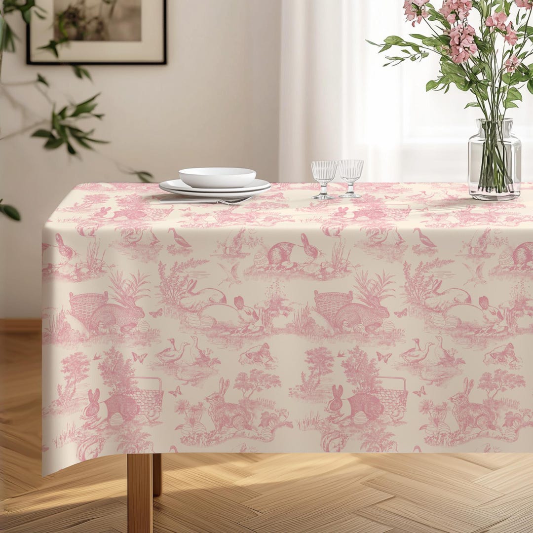 Pink Easter Toile Tablecloth Easter Bunny Decor Easter Dinning Table ...
