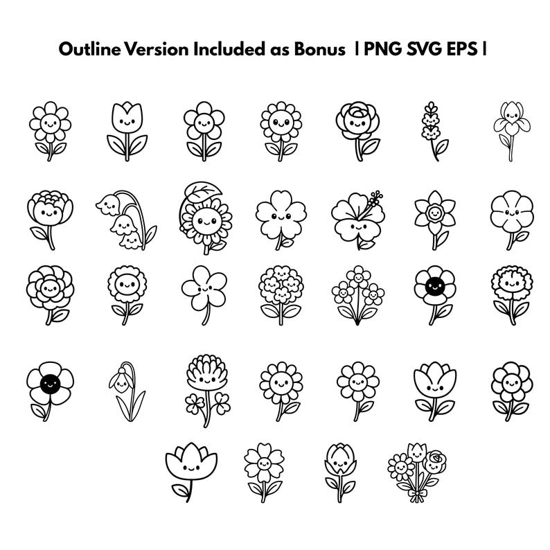 Kawaii Flower Clipart Bundle, Smiling Spring Blooms, Vector Graphics ...