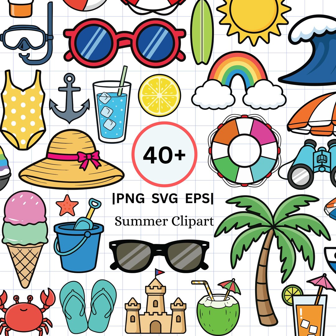 Summer Beach Clipart Bundle | Tropical Icons, Vacation Elements (PNG ...