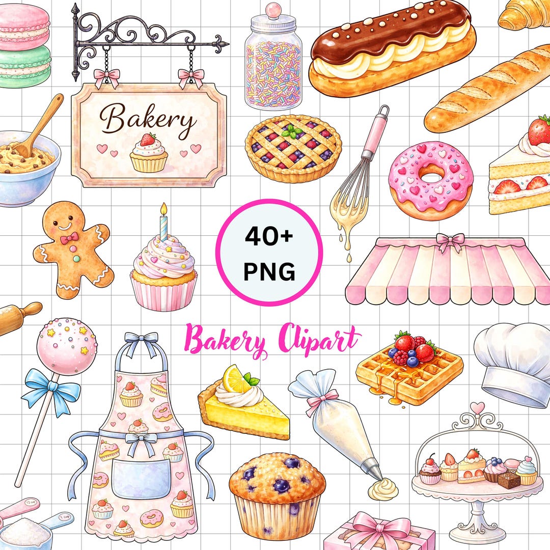 Watercolor Bakery Clipart Bundle, Desserts, Pastries, Baking Graphics ...