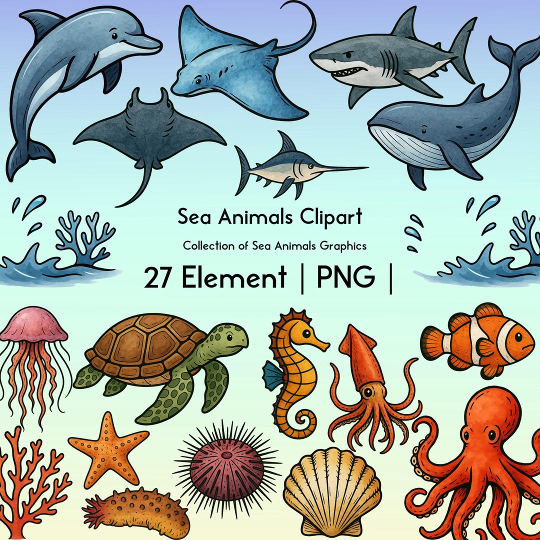 Watercolor Sea Animals Clipart | Underwater Clipart | Ocean PNG ...