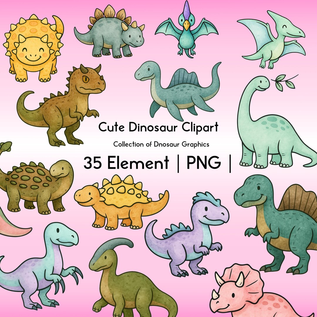 Cute Dinosaur Clipart Set | Watercolor Dino PNG Bundle | Adorable ...