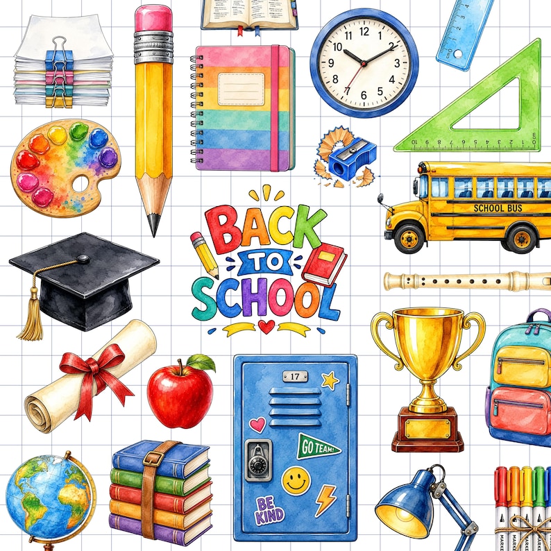 Watercolor School Clipart Bundle, Back to School PNG Graphics (40 Files ...