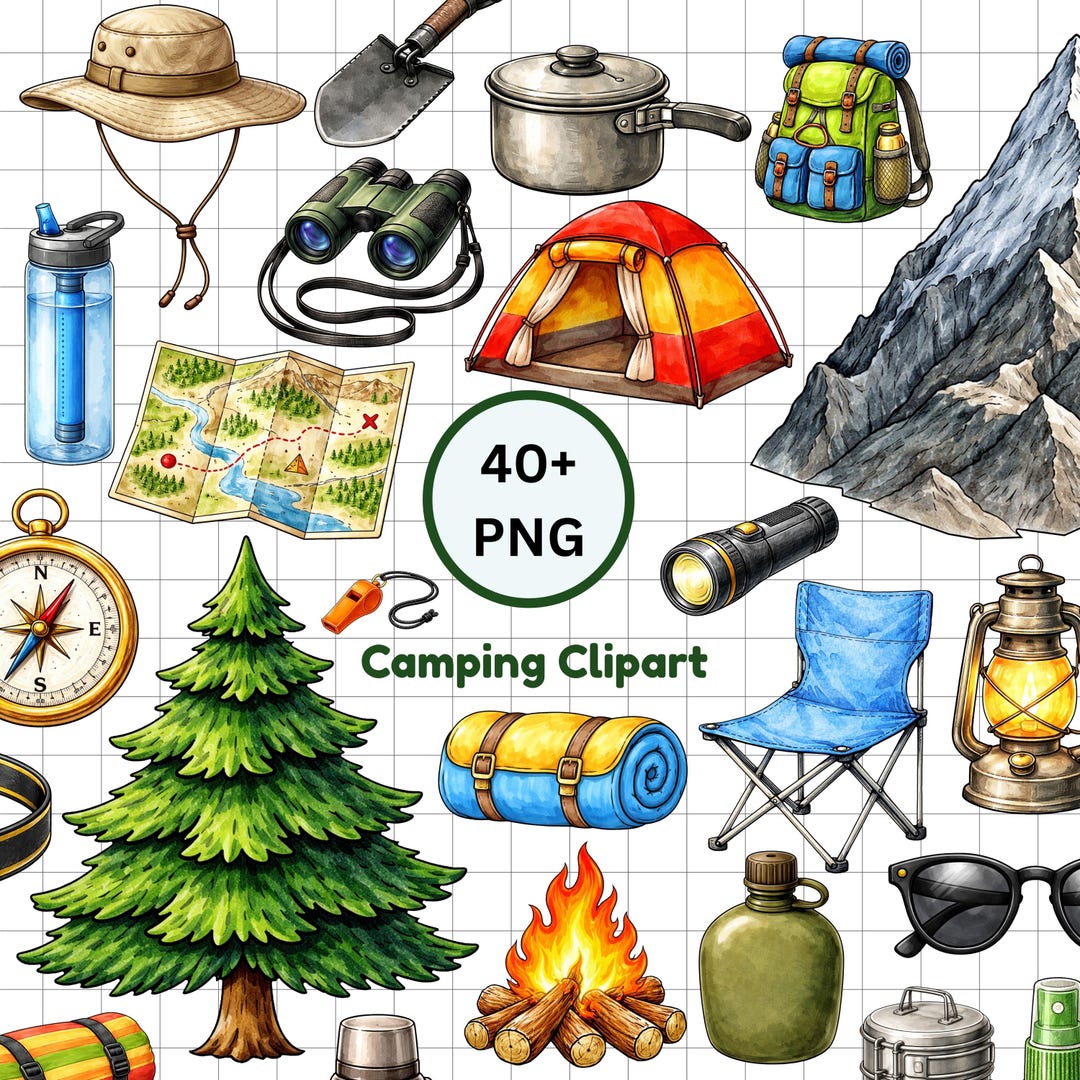 Watercolor Camping Clipart Bundle, Outdoor Adventure Gear, Nature ...