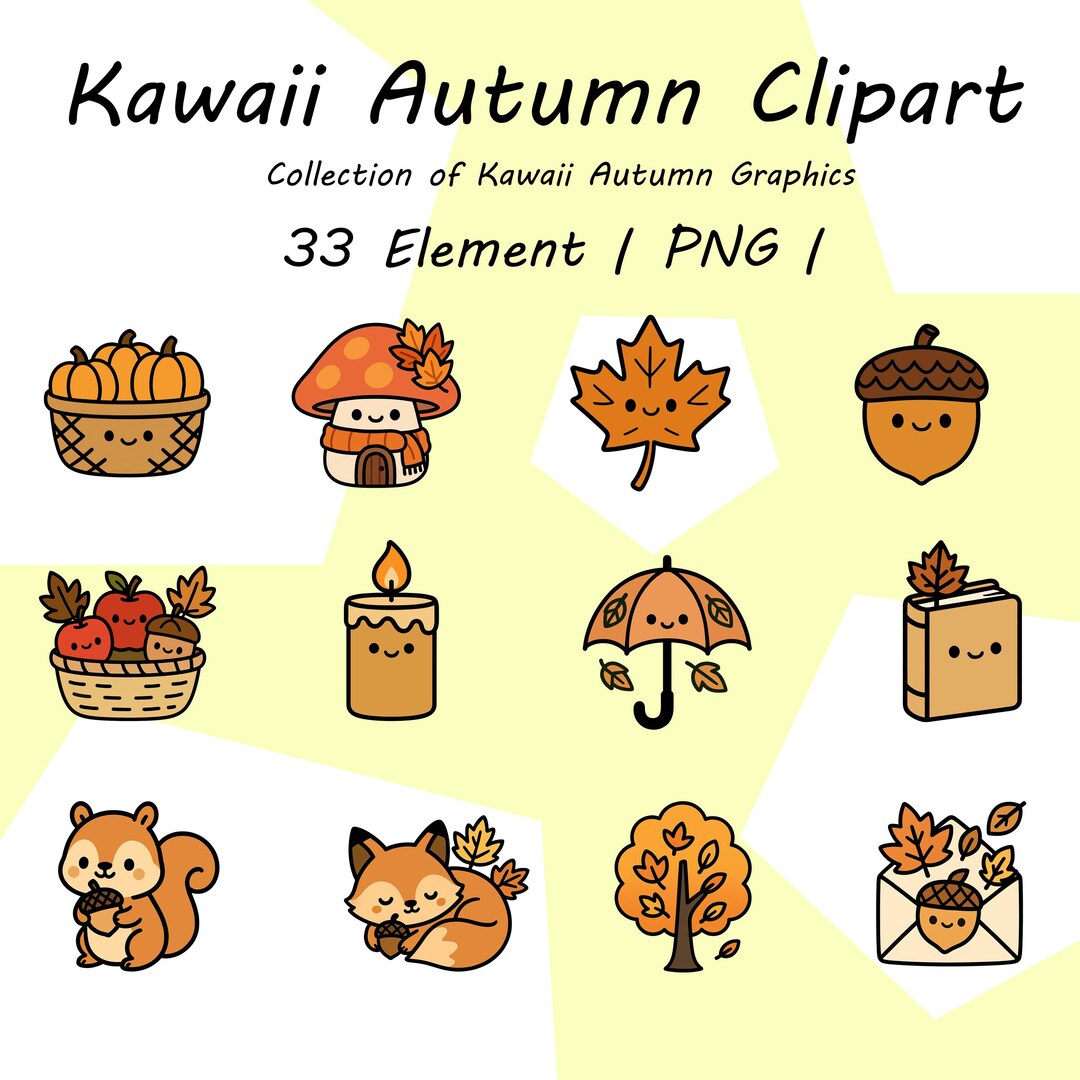 Kawaii Fall Clipart Bundle: Pumpkin, Animals, Leaves (PNG, Commercial ...