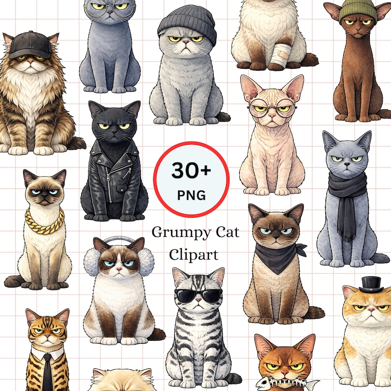 Grumpy Cat Watercolor Clipart | PNG Bundle, Commercial Use - Etsy Canada