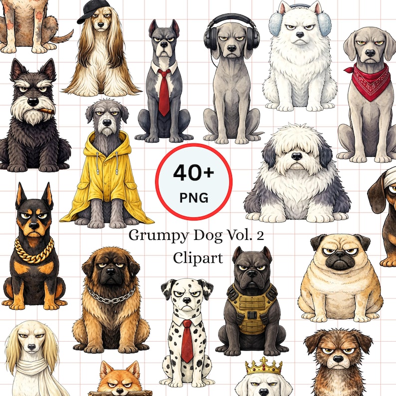Grumpy Dog Breeds Clipart | Watercolor Angry Puppy PNG Bundle ...