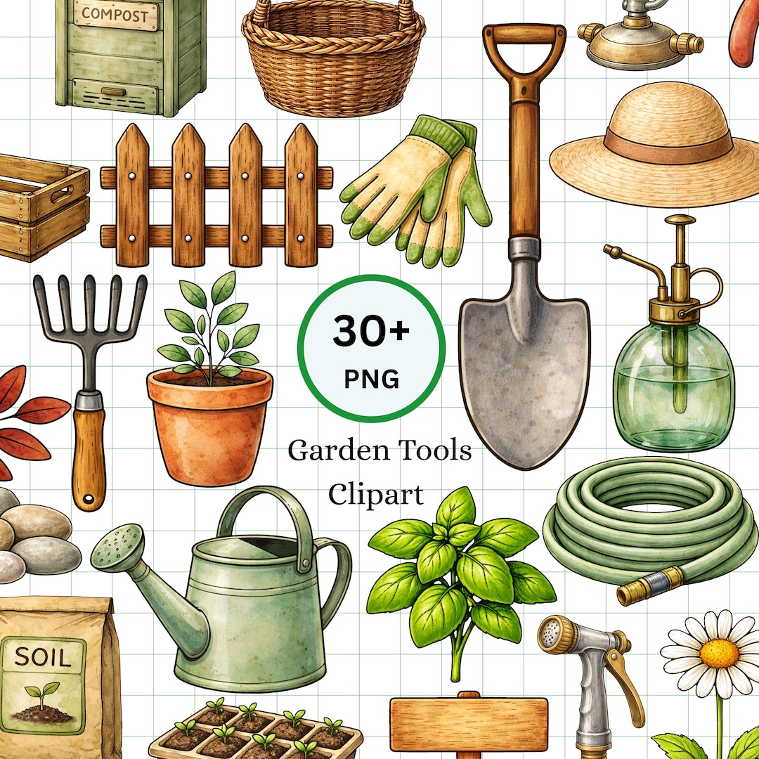 Watercolor Garden Tools Clipart | Vintage Gardening PNG (digital ...